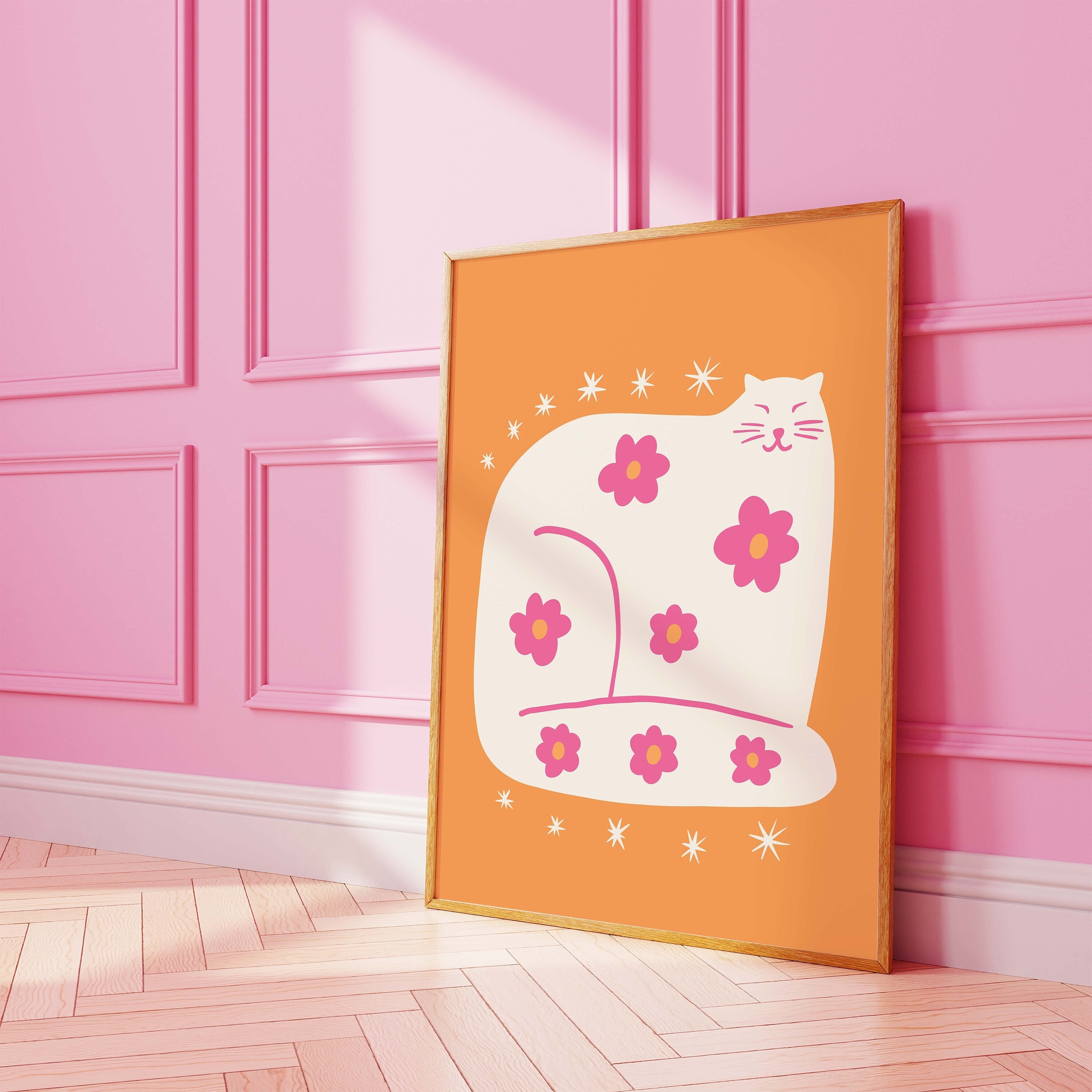 Cat Print | Digital Art Download | Pink Orange Cat Wall Decor | Funky ...