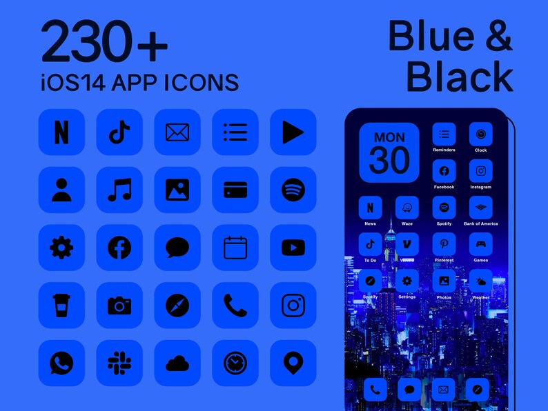 Ios Blue App Icons 230 Blue and Black Minimal Ios 14 Modern - Etsy