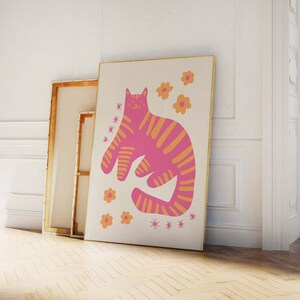 Cat Print | Digital Art Download | Pink Orange Cat Wall Decor | Funky ...