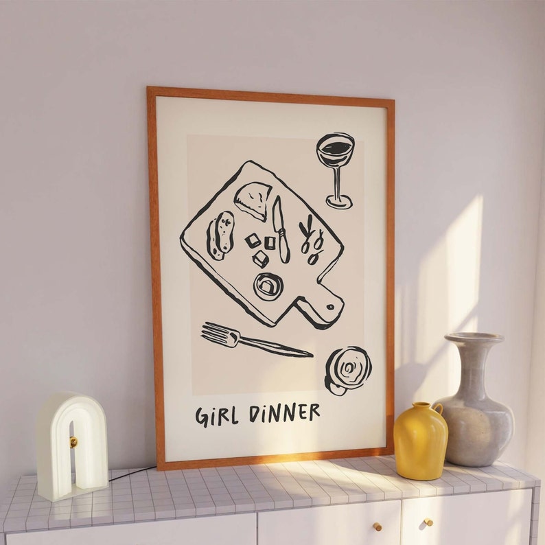 Girl Dinner Print | Digital Art Download | Cute Kitchen Wall Art | Fun ...