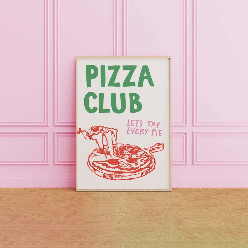 Pizza Club Print, Digital Art Download, Red Kitchen Decor, Retro Pizza ...