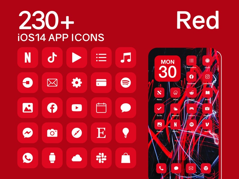 Ios Red App Icons 230 Bright Red Minimal Ios 14 Modern Icon | Etsy