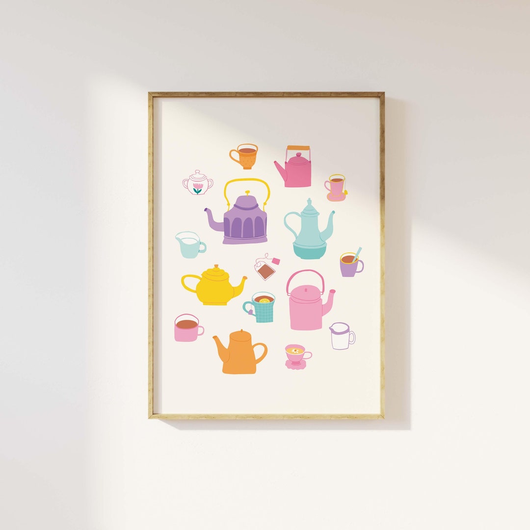 Tea Time Print, Digital Art Download, Cute Tea Kettle Art Print, Trendy ...