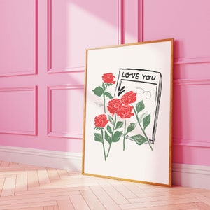 Love You Print | Digital Art Download | Cute Roses Print | Romantic ...