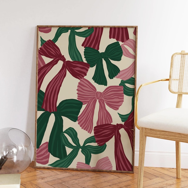 Christmas Bow Pattern Wall Art, Digital Download, Holiday Home Decor ...