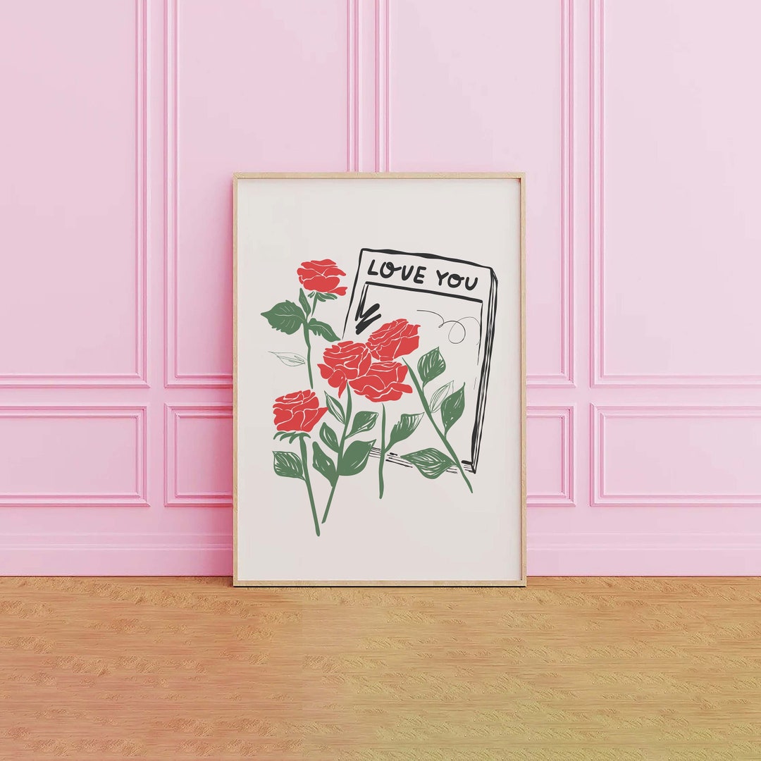 Love You Print | Digital Art Download | Cute Roses Print | Romantic ...