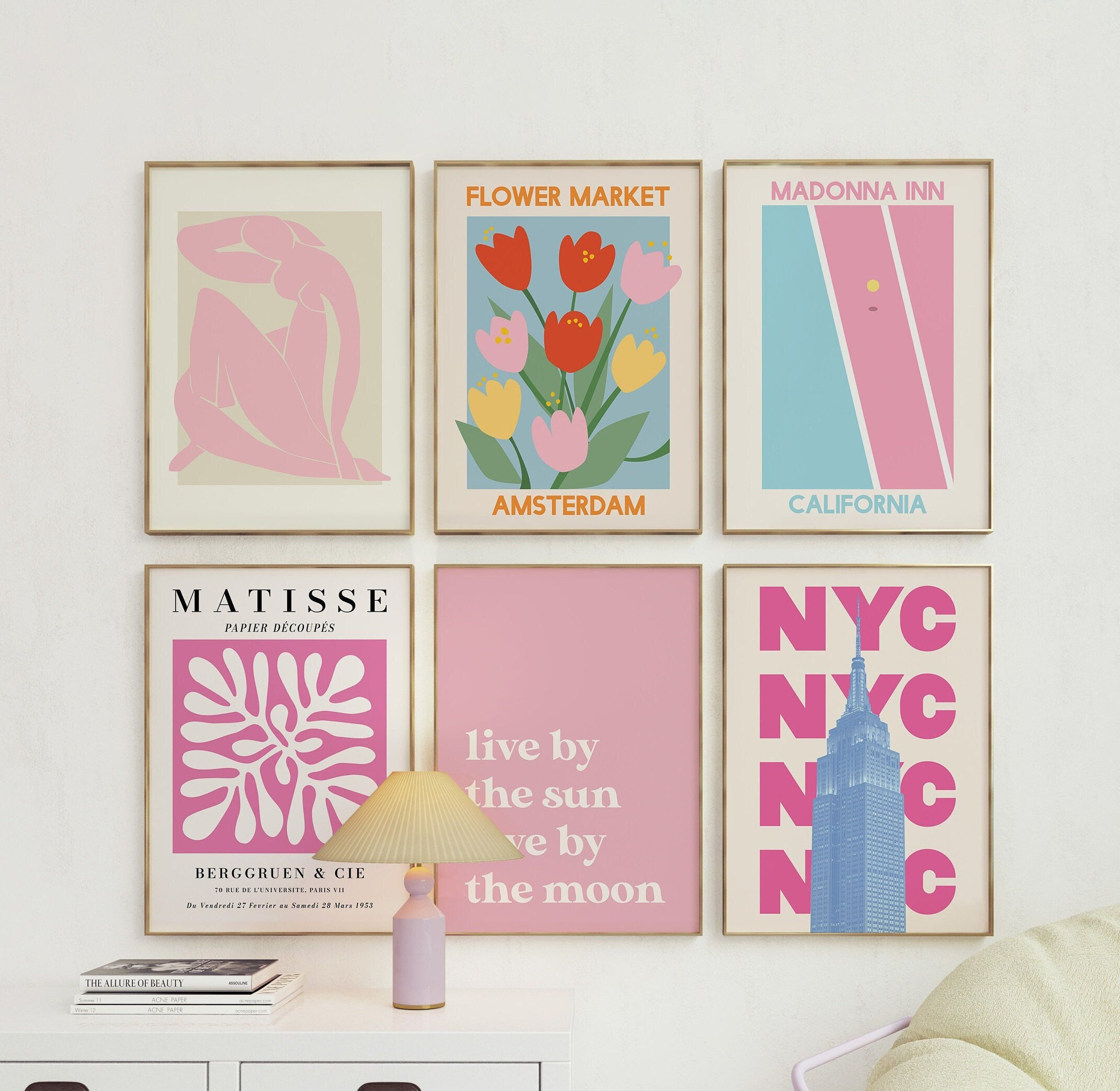 Set of 6 Pink and Blue Print Gallery Wall | Digital Art Download | Boho ...