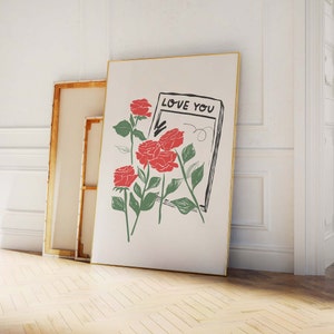 Love You Print | Digital Art Download | Cute Roses Print | Romantic ...