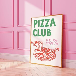 Pizza Club Print, Digital Art Download, Red Kitchen Decor, Retro Pizza ...