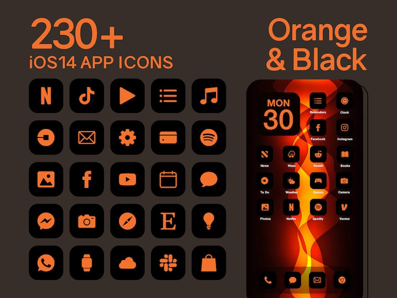 Ios Orange & Black App Icons 230 Orange and Black Minimal - Etsy