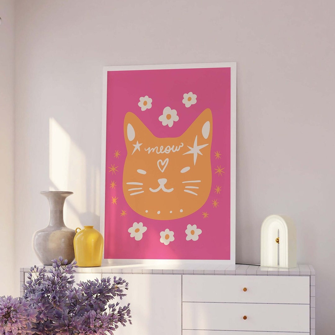 Cat Print | Digital Art Download | Pink Orange Cat Wall Decor | Funky ...