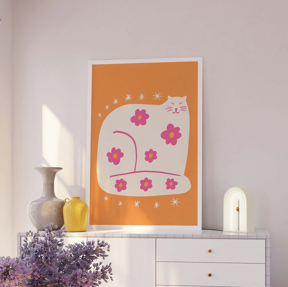 Cat Print | Digital Art Download | Pink Orange Cat Wall Decor | Funky ...