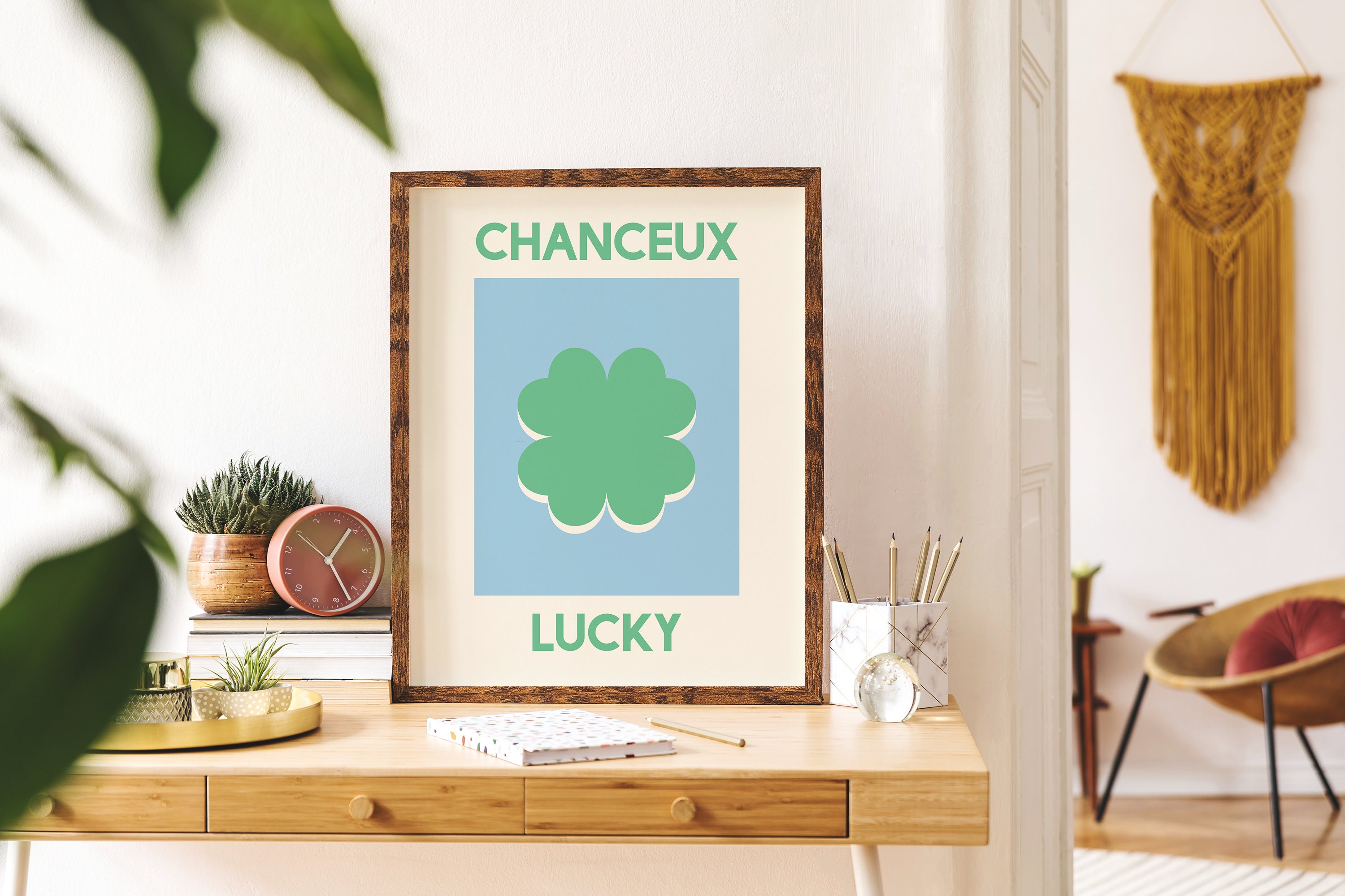 Chanceux Lucky Print | Digital Art Download | Green Clover Printable ...