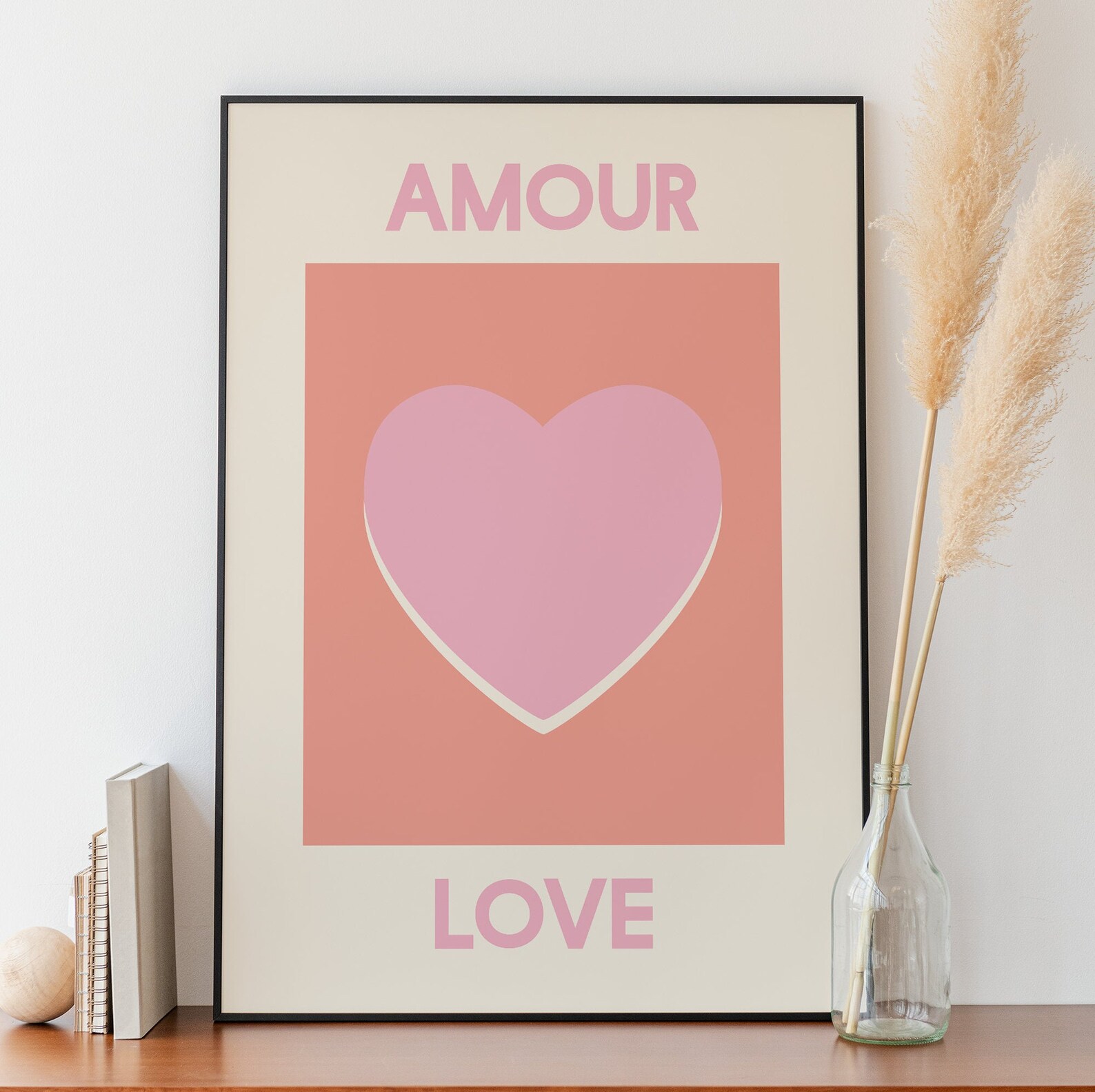 Amour Love Print | Digital Art Download | Pink Heart Printable Wall Art ...