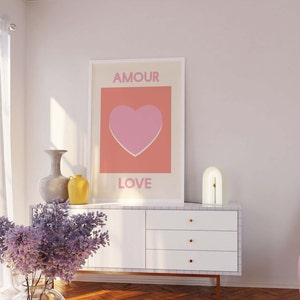 Amour Love Print | Digital Art Download | Pink Heart Printable Wall Art ...