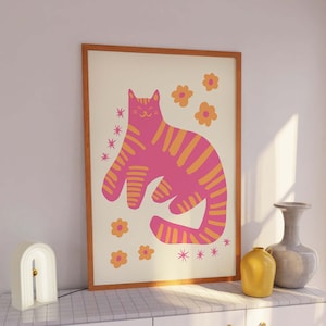 Cat Print | Digital Art Download | Pink Orange Cat Wall Decor | Funky ...