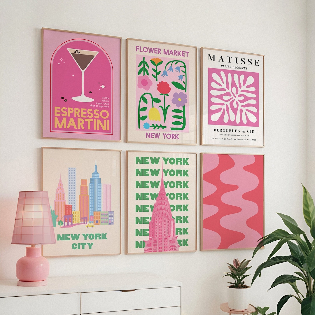 Set of 6 Pink Print Gallery Wall | Digital Art Download | Pink Green ...