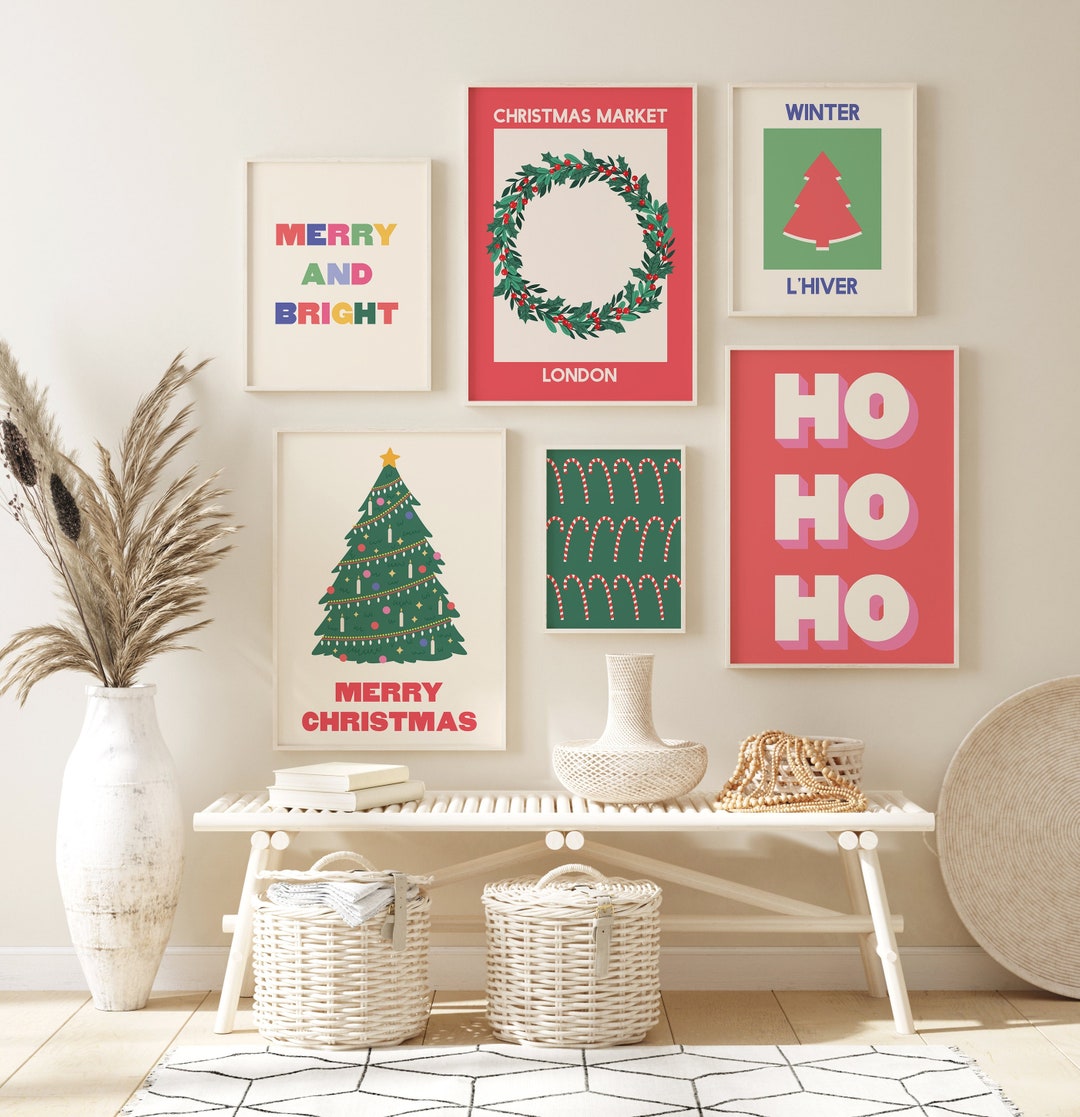 Set of 6 Christmas Gallery Wall Digital Art Download Colorful Christmas ...