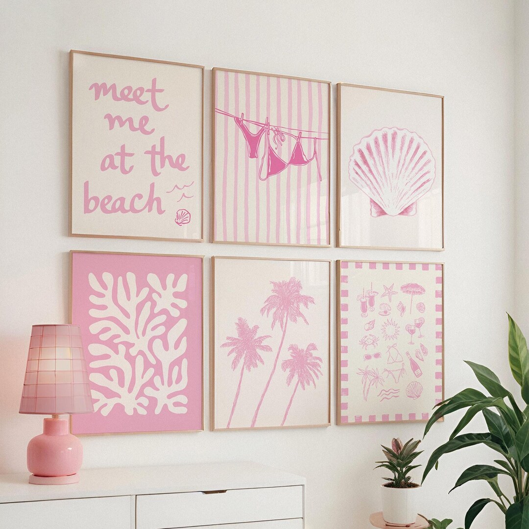 Pink Coastal Gallery Wall, Digital Art Download, 8 Printables, Cute ...