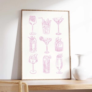 Cocktail Sketch Print, Digital Art Download, Cute Bar Cart Print, Pink ...