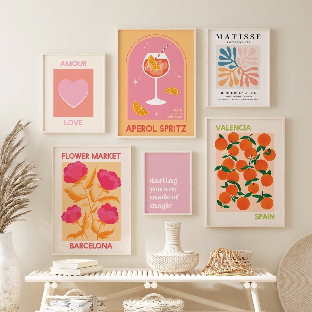 Set of 6 Pink and Orange Gallery Wall Digital Art Download Cute Boho ...