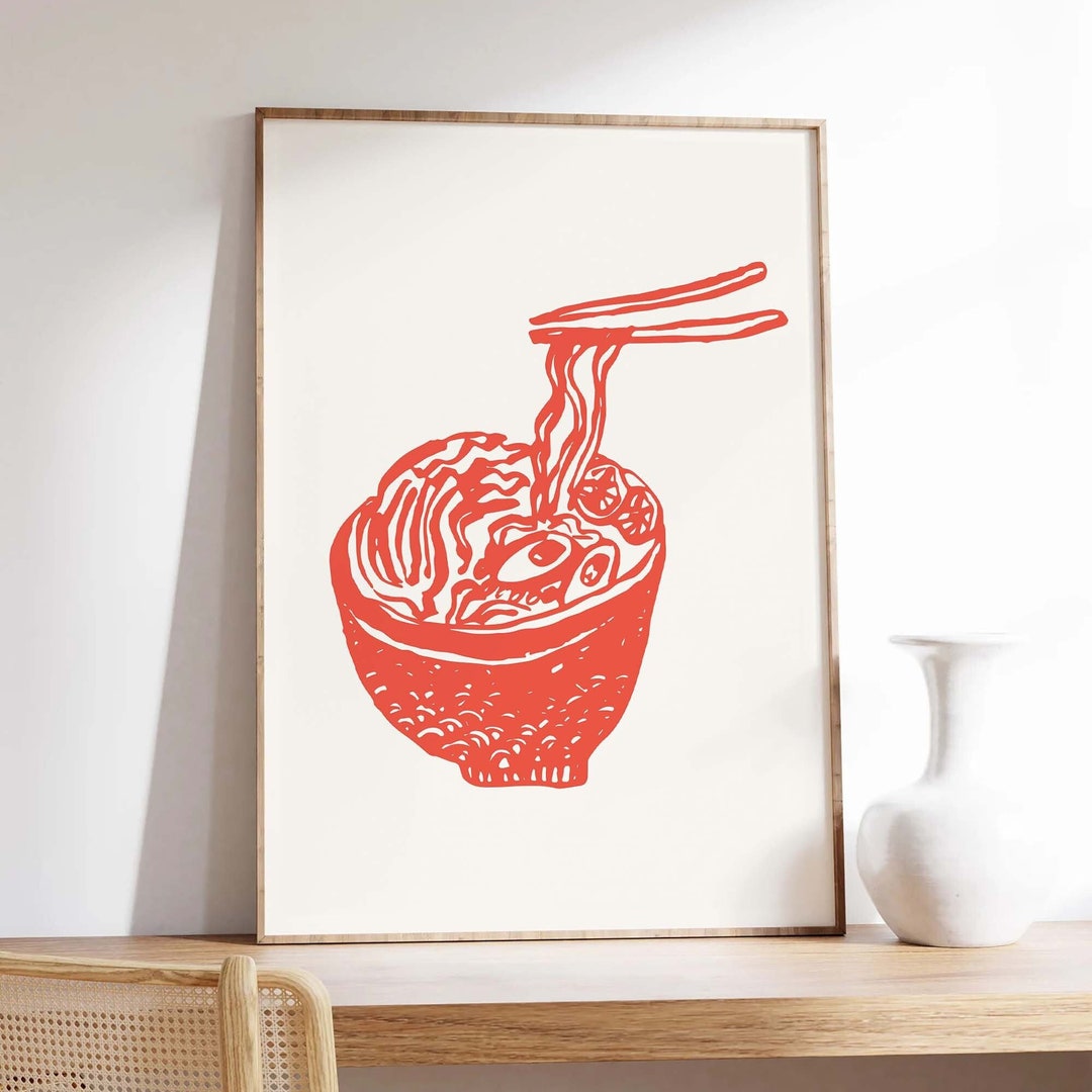 Ramen Sketch Print | Digital Art Download | Red Kitchen Decor | Retro ...