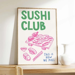 Sushi Club Print | Digital Art Download | Pink Green Kitchen Food Decor ...