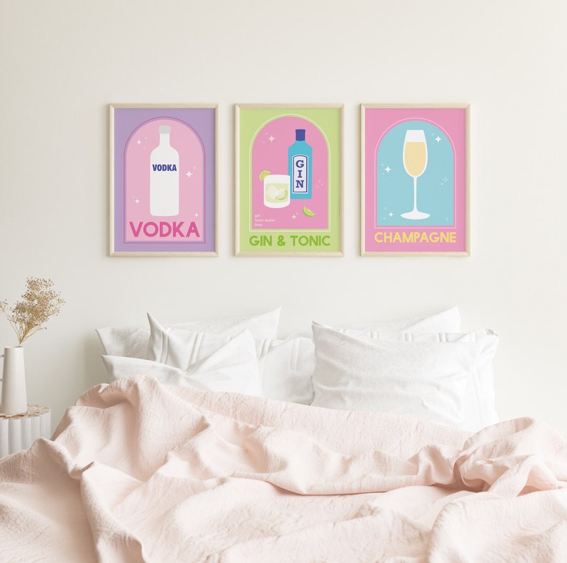 Set of 3 Cocktail Prints Digital Art Download Cute Pink | Etsy