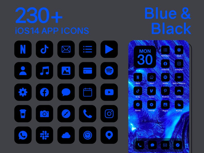 Ios Blue & Black App Icons 230 Blue on Black Minimal Ios 14 - Etsy