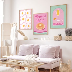 Set of 3 Brunch Prints | Digital Art Download | Pink Blue Kitchen Food ...
