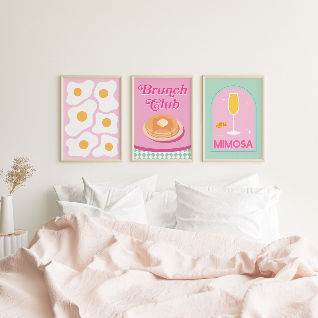 Set of 3 Brunch Prints | Digital Art Download | Pink Blue Kitchen Food ...