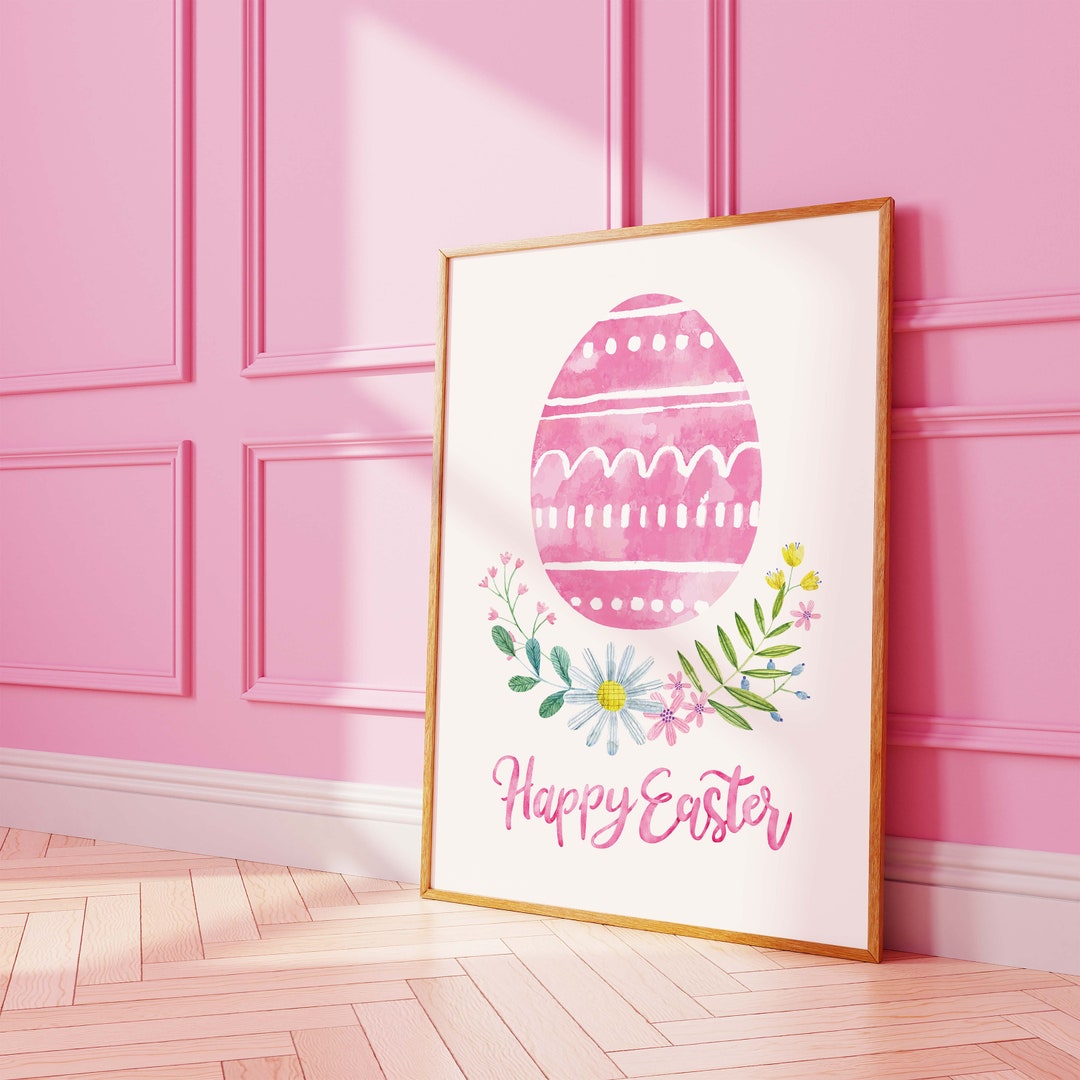 Happy Easter Print | Digital Art Download | Cute Floral Art Print | Pastel Easter Egg Wall Art ...