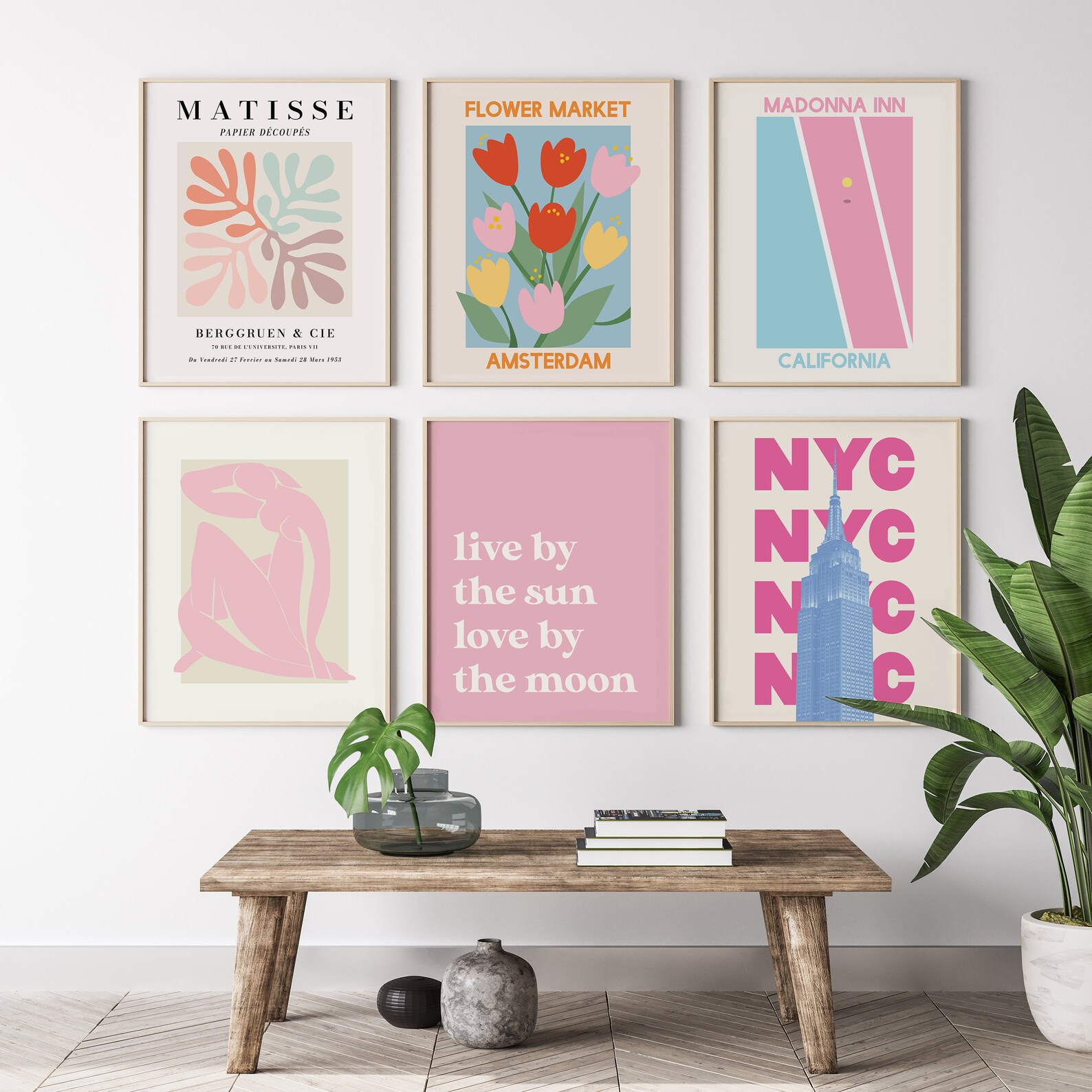 Set of 6 Pink and Blue Print Gallery Wall | Digital Art Download | Boho ...