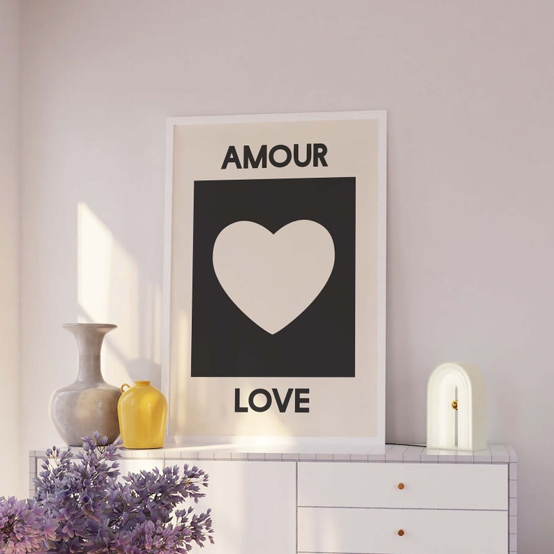 Amour Love Print | Digital Art Download | Black Heart Printable Wall ...