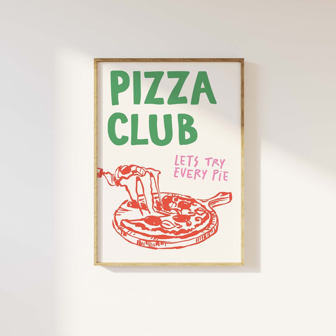 Pizza Club Print, Digital Art Download, Red Kitchen Decor, Retro Pizza ...