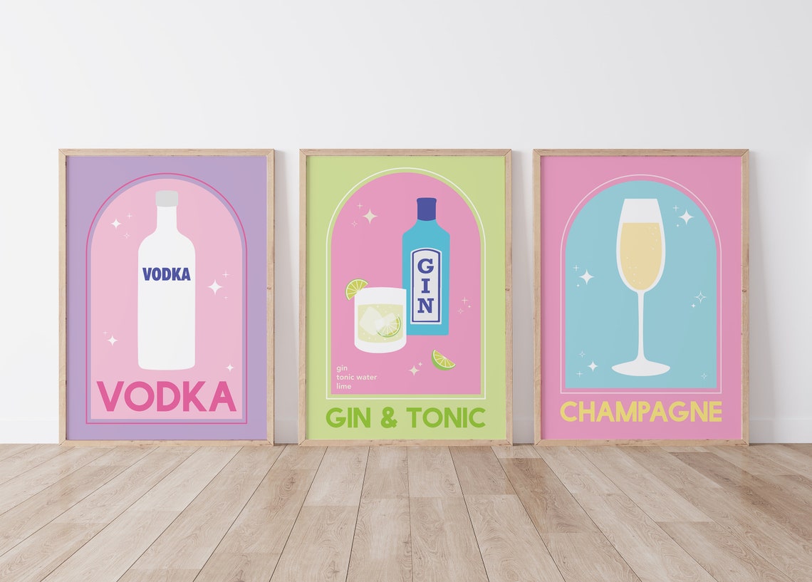 Set of 3 Cocktail Prints Digital Art Download Cute Pink - Etsy