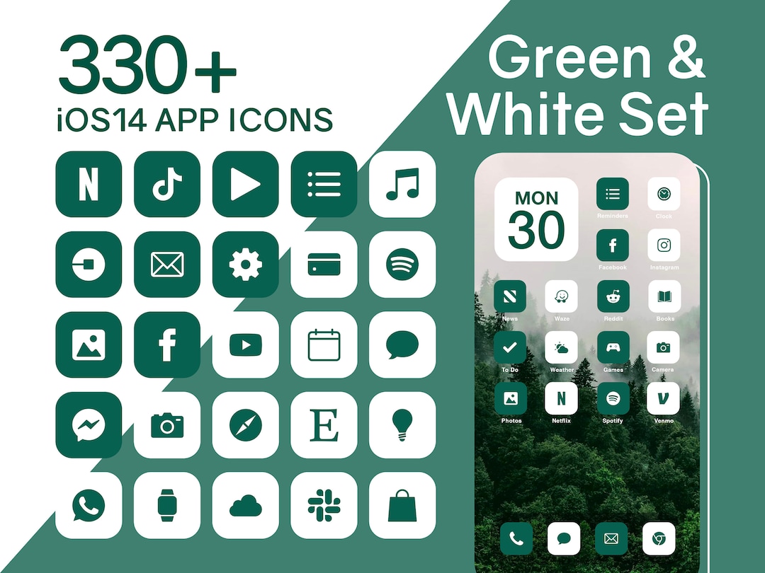 Ios Green & White App Icons Set | 330+ Dark Green and White Minimal Ios ...