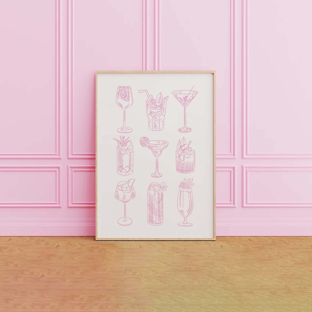 Cocktail Sketch Print, Digital Art Download, Cute Bar Cart Print, Pink ...