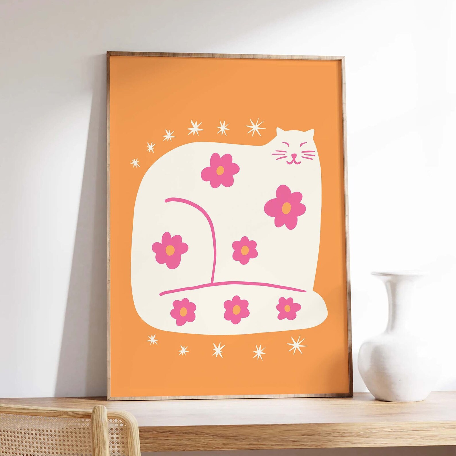 Cat Print | Digital Art Download | Pink Orange Cat Wall Decor | Funky ...