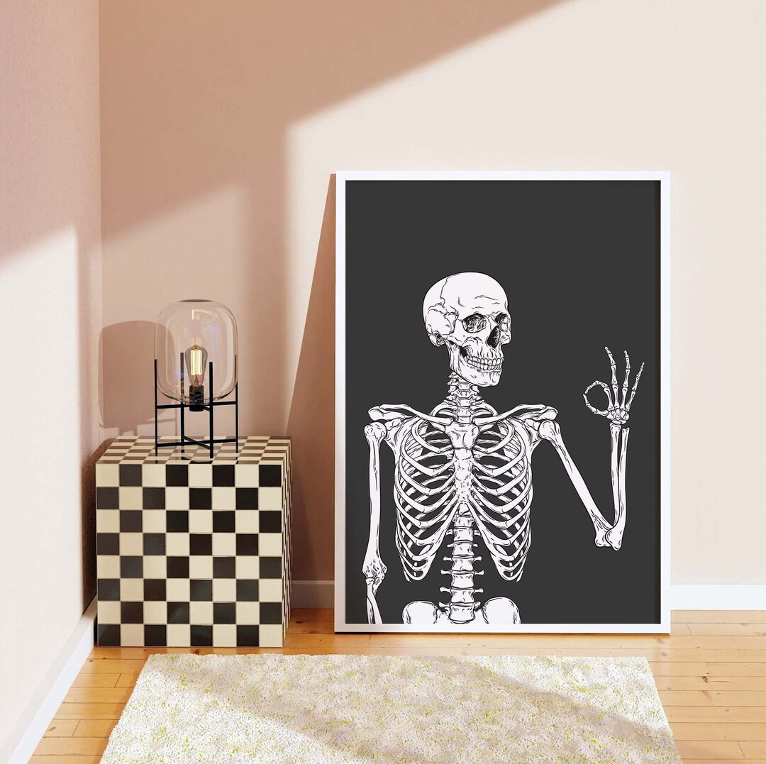 Skeleton Print | Digital Art Download | Cute Black Halloween Wall Decor ...