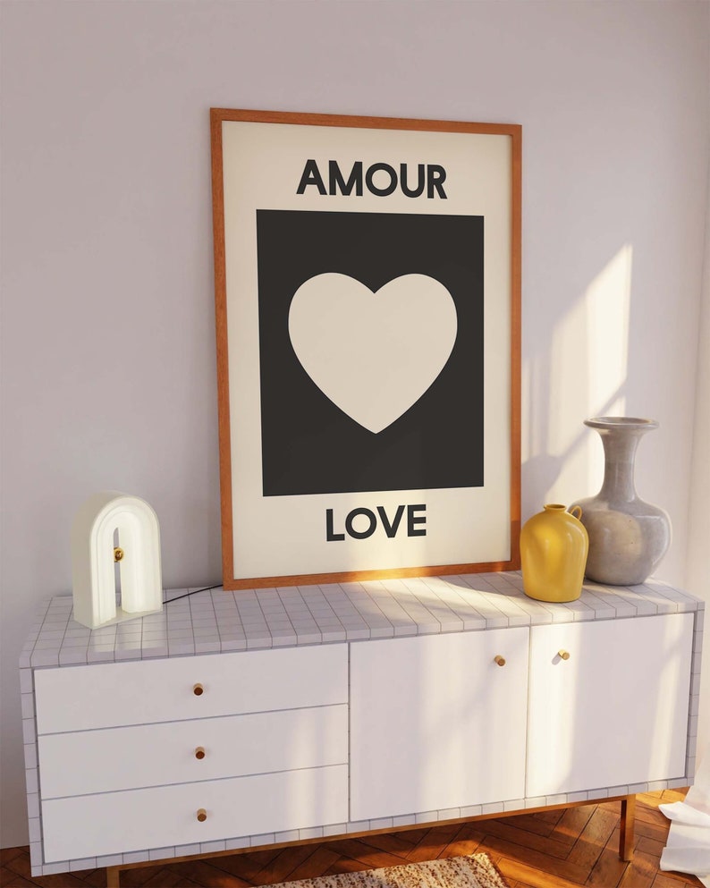 Amour Love Print | Digital Art Download | Black Heart Printable Wall ...