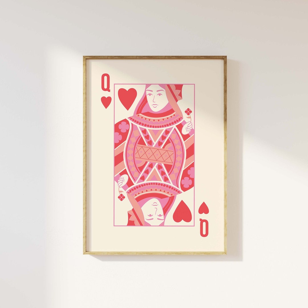 Queen of Hearts Print | Digital Art Download | Cute Pink Card Print ...