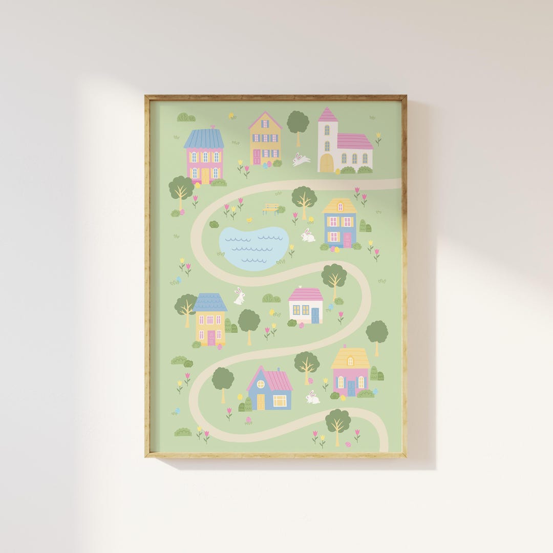 Easter Egg Hunt Village Print, Digital Art Download, Cute Spring Art ...