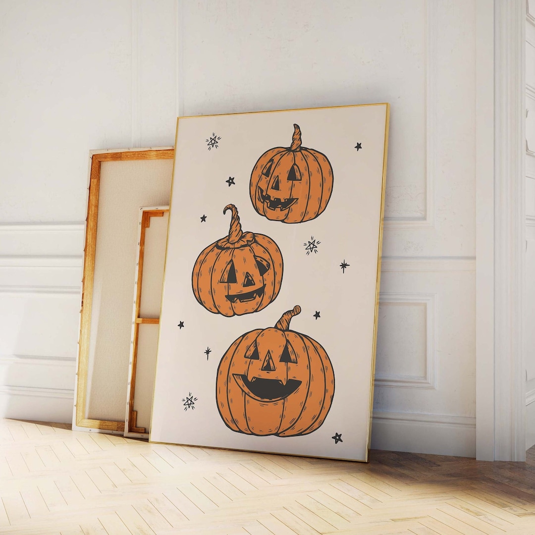 Pumpkins Print, Digital Art Download, Cute Halloween Wall Decor, Trendy ...