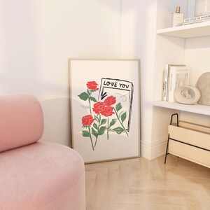 Love You Print | Digital Art Download | Cute Roses Print | Romantic ...