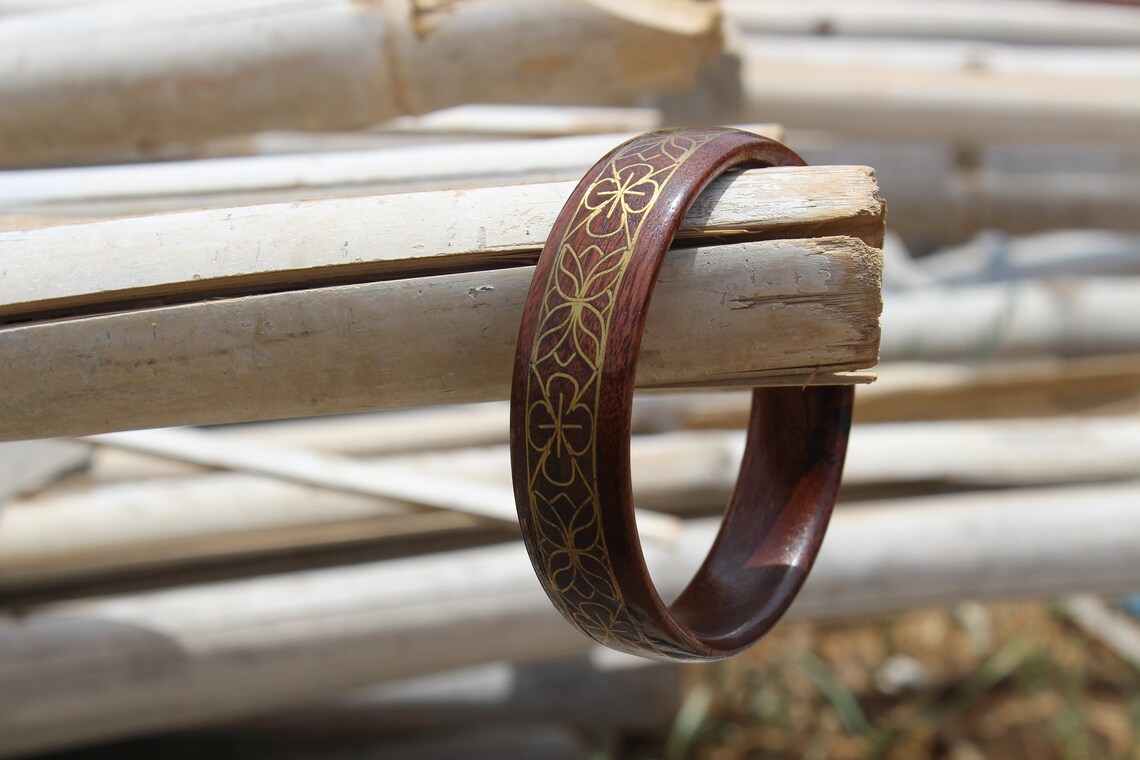 Wood Bangle, Floral Brass Inlay, Womens Bracelet - Etsy