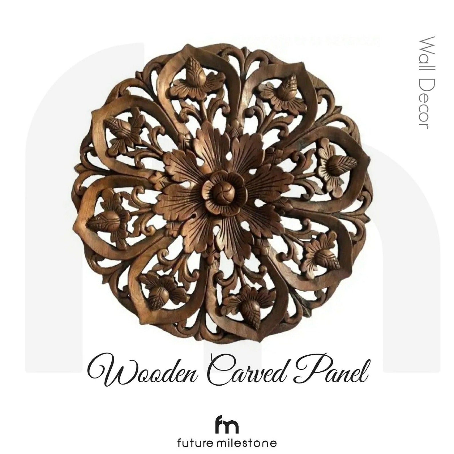 Round Carved Wood Wall Art Lotus Flower Teak Panel Wooden | Etsy