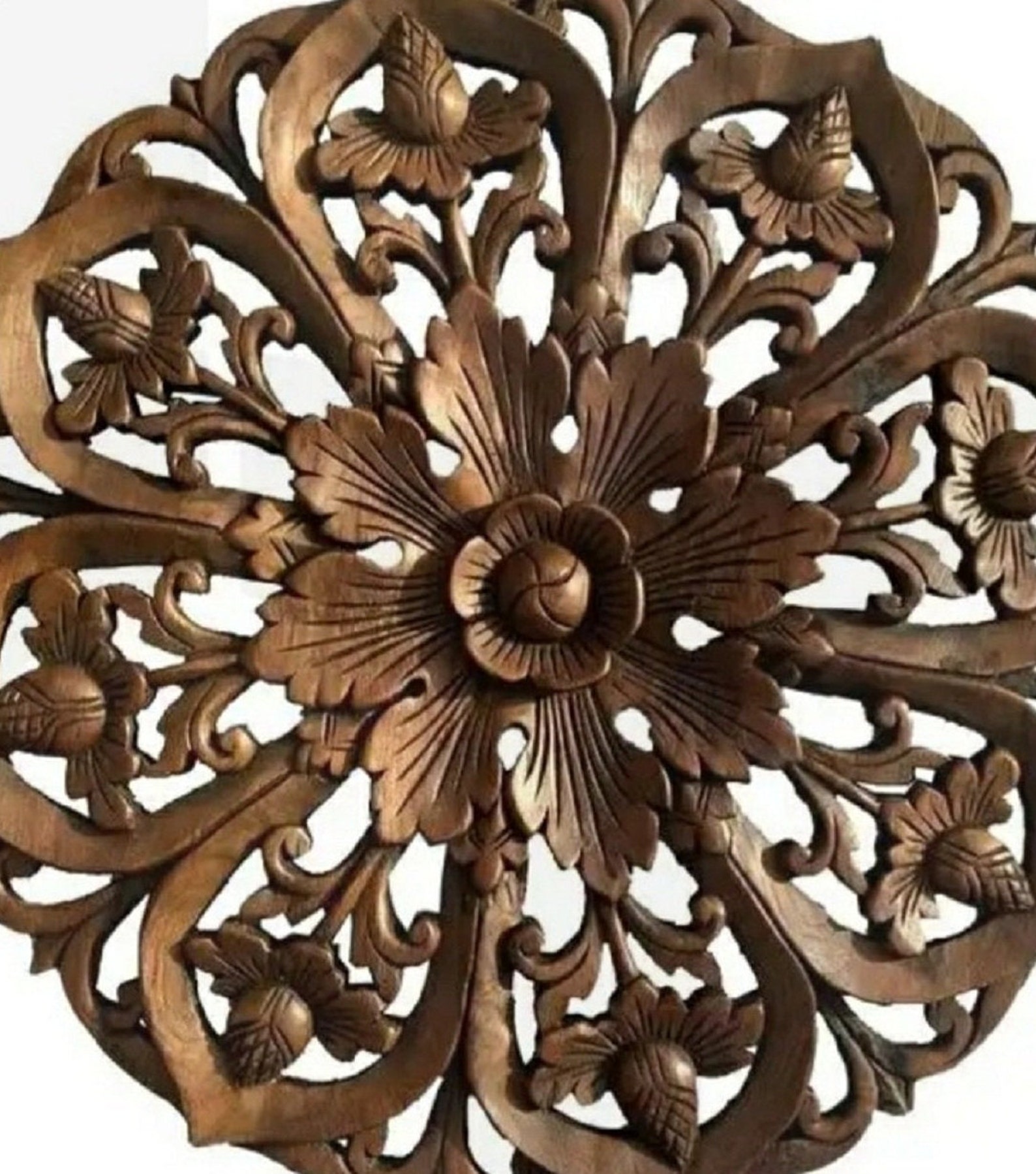 Round Carved Wood Wall Art Lotus Flower Teak Panel Wooden | Etsy