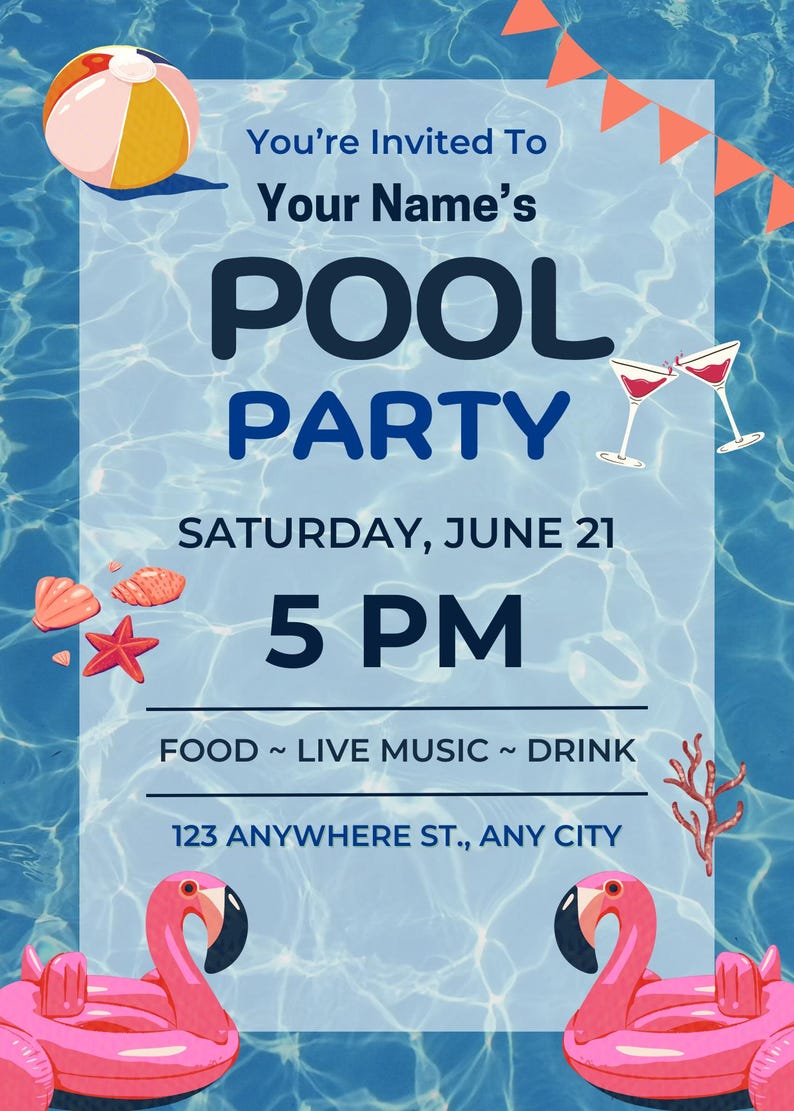 Custom Pool Party Invitations Blue With Background - Etsy