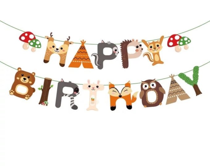 Woodland Animal Theme Happy Birthday Banner Forest Birthday - Etsy